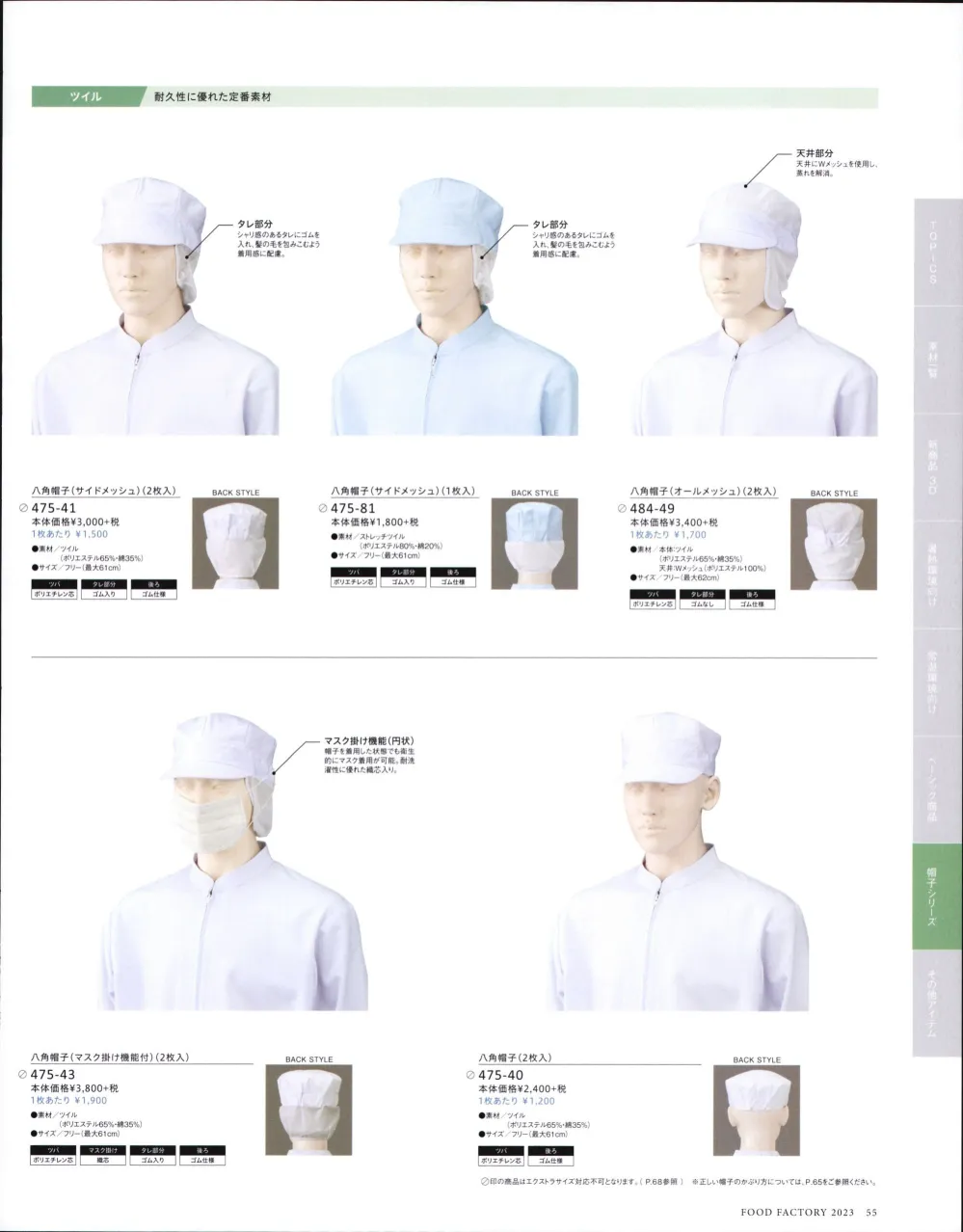 ユニフォーム1.COM 食品白衣jp 食品工場用 KAZEN カゼン フードファクトリー 2023 キャップ・帽子 KAZEN 八角帽子（マスク掛け機能付）（2枚入） 475-43